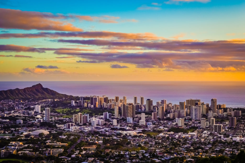 hawaii.jpAerial Purple and Gold Sunset Above Honolulu Skyline in Hawaii ...